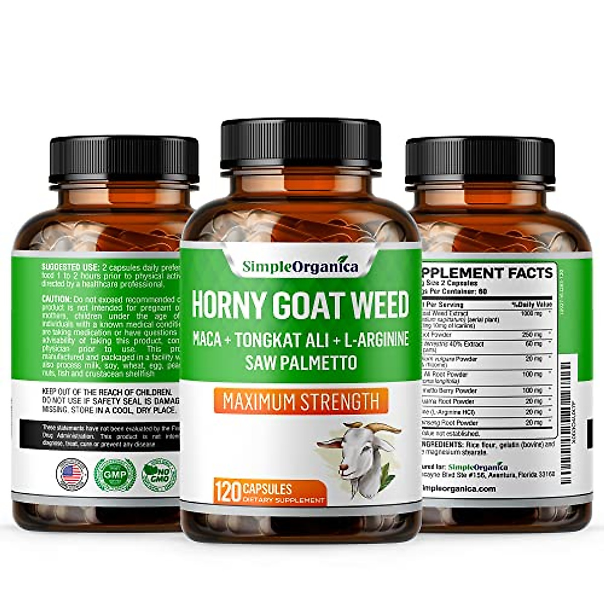 Simple Organica Horny Goat Weed for Men and Women - 120 Capsules, with Maca Root, Tongkat Ali, Saw Palmetto, L-Arginine. Energy, Stamina, Strength, Endurance, Joint Health - Non-GMO Formula