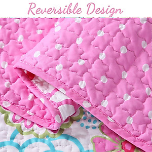 Cozy Line Home Fashions Pink Floral Polka Dot Colorful Reversible Quilt Bedding Set, Coverlet, Bedspreads for Girls (Mariah, Twin - 2 Piece)