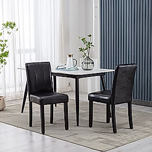 FUNESI PU Leather Upholstered Dining Chair, Armless Parsons Chair with Black Solid Wood Legs Set of 2（Black