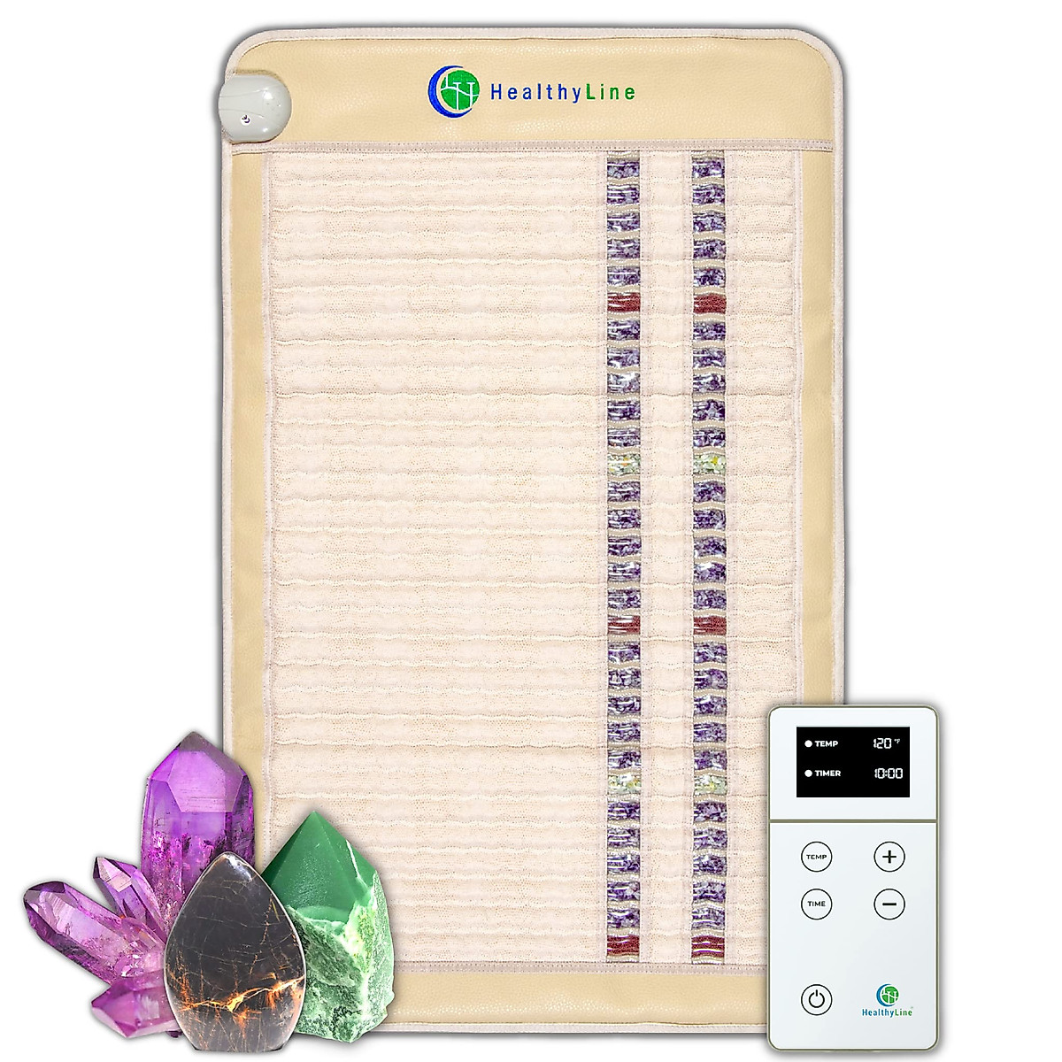 HealthyLine SOFT Far Infrared Heating Pad - Natural Crystal Gemstones Mat for Back Pain - Electric Auto Shut Off - Rejuvenating Negative Ions Therapy - 40" x 24"