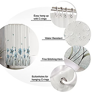 EwdeWwo Spring 4 Piece Shower Curtain Sets with Non-Slip Rugs, Toilet Lid Cover and Bath Mat, Blue Butterfly with Flowers Shower Curtain with 12 Hooks, Durable and Waterproof