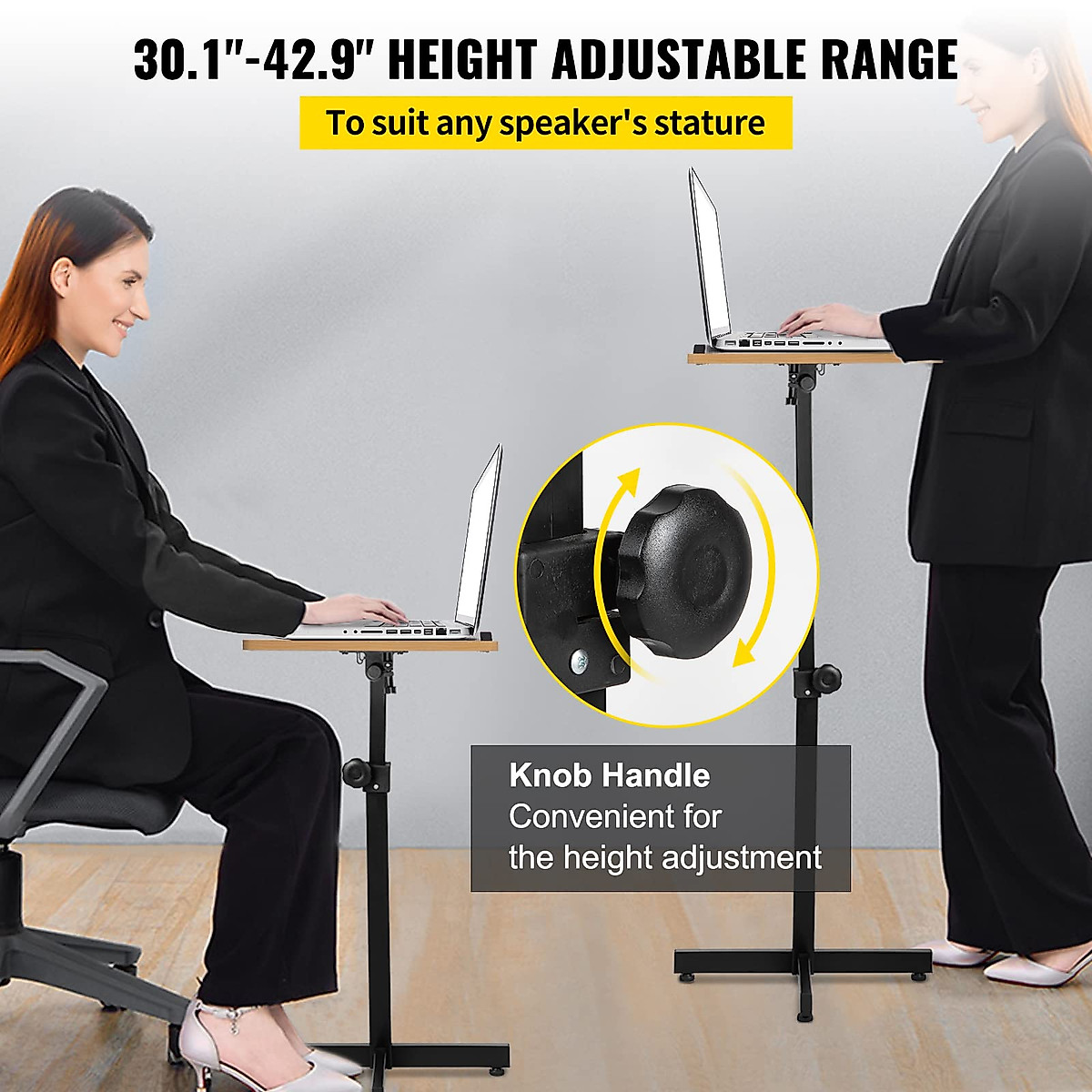 VEVOR Lectern Podium Stand, Height Adjustable Laptop Table, Portable Presentation Standing for Classroom, Office, Church, Tilting Desktop with Edge Stopper, Oak