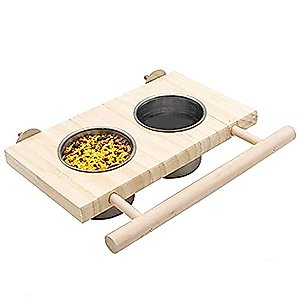 Wood Perch with Double Feeder Cups for Bird Parrot Budgie Parakeet Cockatiel Conure Lovebirds Finch Canary Macaw African Greys Amazon Cockatoo to (L)