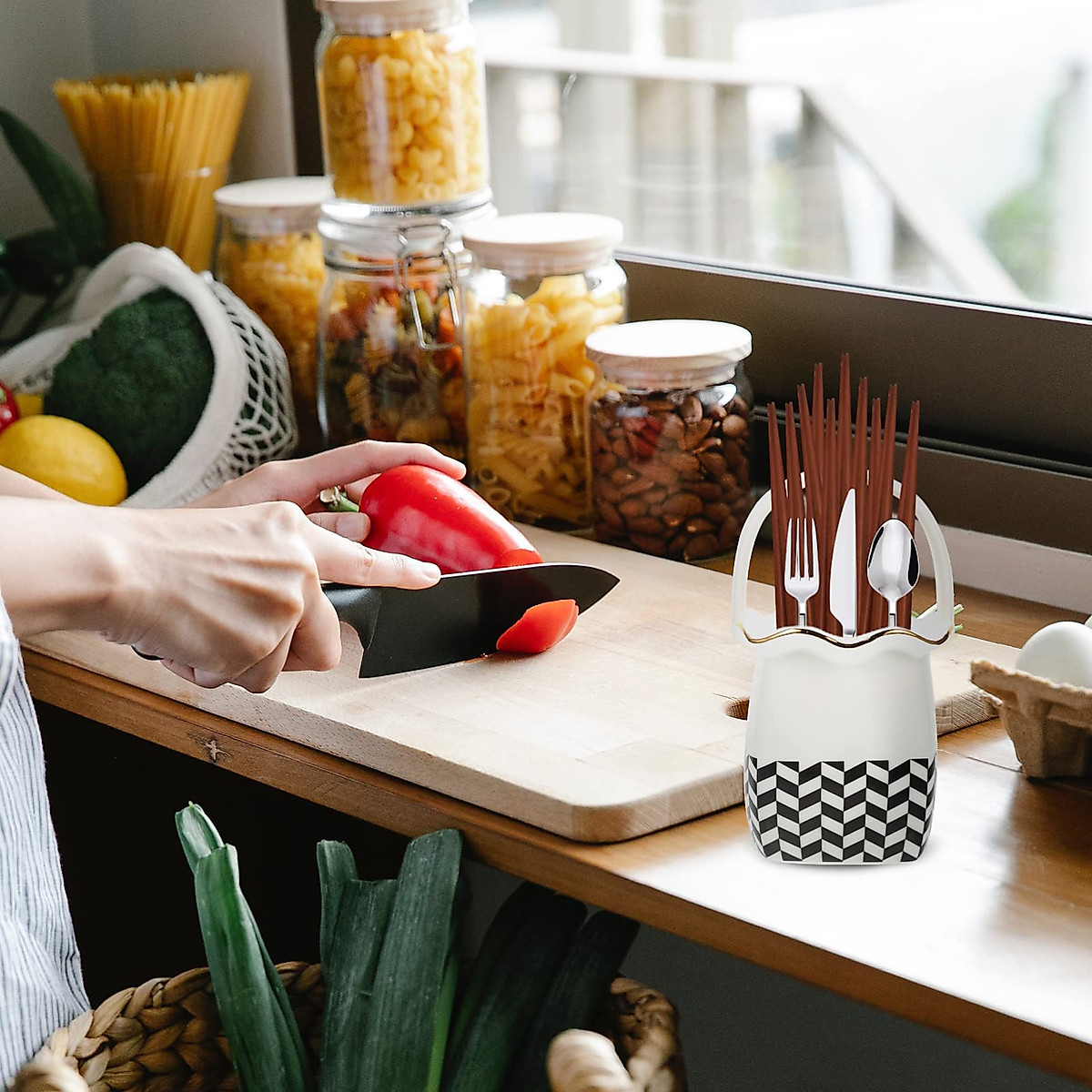 HEMOTON Ceramic Utensil Holder Caddy Organizer: Kitchen Flatware Silverware Tableware Container Holder Chopsticks Storage Basket Cup for Spoon Forks Dining Table Black