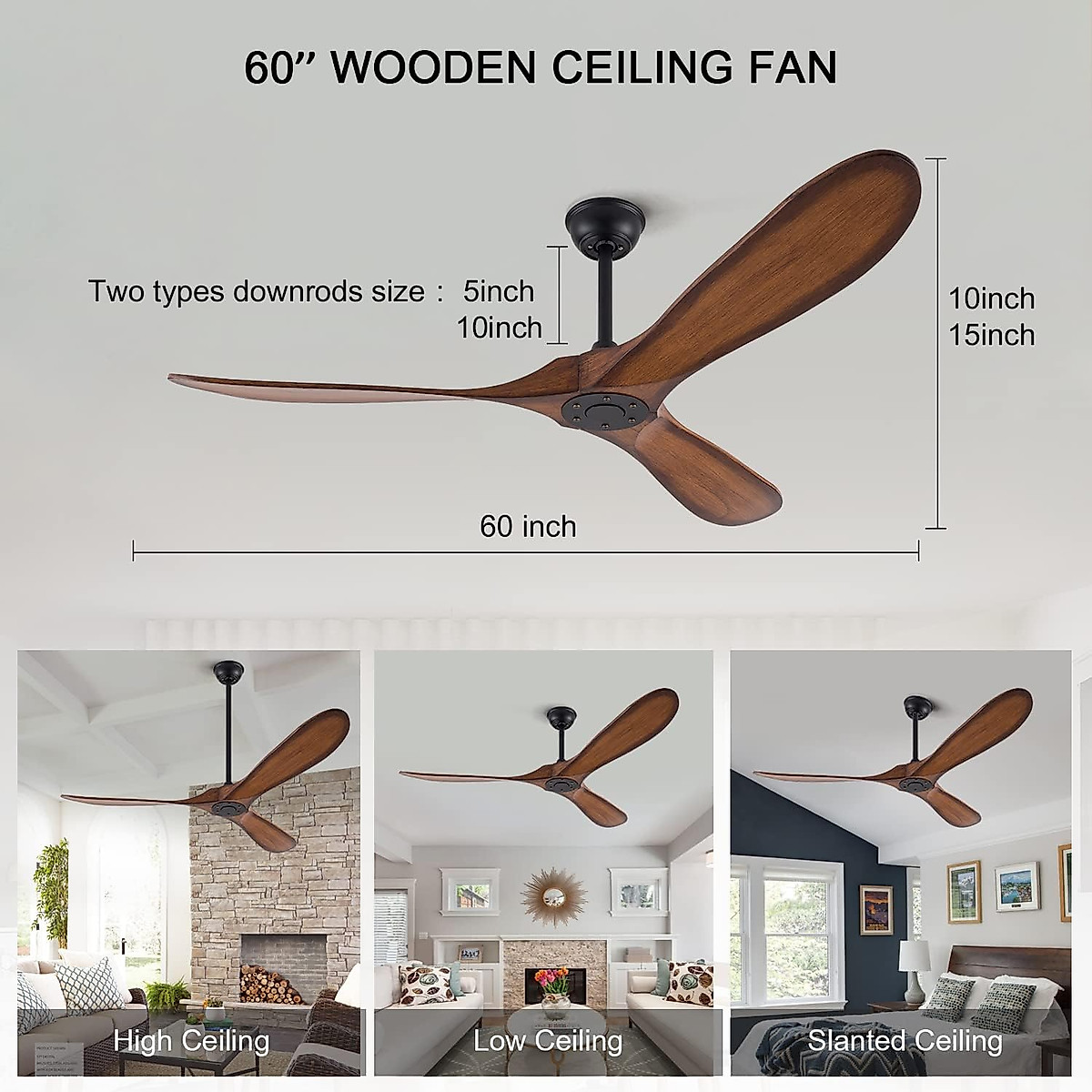 BOJUE 60 Inch Wood Ceiling Fan Without Light Remote Control, Low Profile Ceiling Fan Indoor Outdoor with 3 blade for Patio Living Room, Bedroom, Office, Summer House, Etc (Deep Walnut Blades)