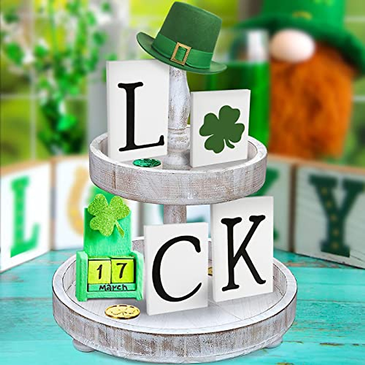 St. Patrick's Day Decorations- St Patricks Day Wood Table Sign with Four Leaf Clover Lucky Sign- St. Patrick's Day Wooden Block St. Patrick's Tiered Tray Decor for Table Home Office Party Decor