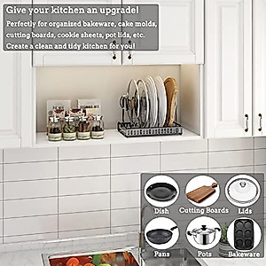 Pot Organizer Rack for Under Cabinet, Kitchen Pot and Pan Organizer Rack Holder with 1 Drip Pan & 7 Dividers Adjustable Pot Lid Organizer for Cabinet, Bakeware, Cookie Sheet and Cutting Board (Black)