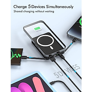 podoru Wireless Portable Charger, 10000mAh Magnetic Power Bank Built-in USB C Lighting Cables 22.5W PD Fast Charging LED Display Mag-Safe Battery Pack for iPhone 15/14/13/12/Mini/Pro/Pro Max - Black