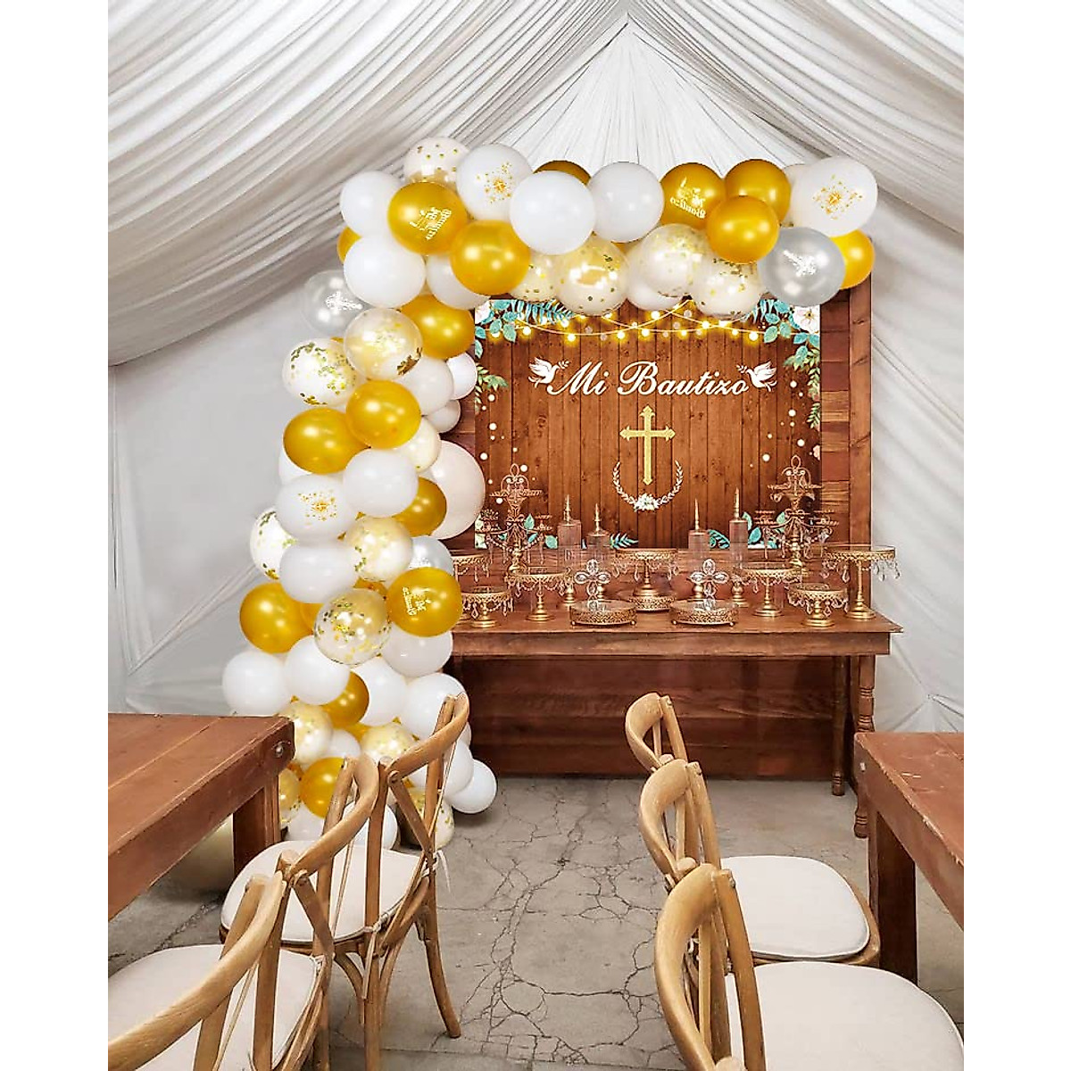 Gold and White Mi Bautizo Decorations Bautizo Balloon Garland Kit and Backdrop Banner for Bautizo Baby Shower Party First Communion and Confirmation Decoration Christening Event