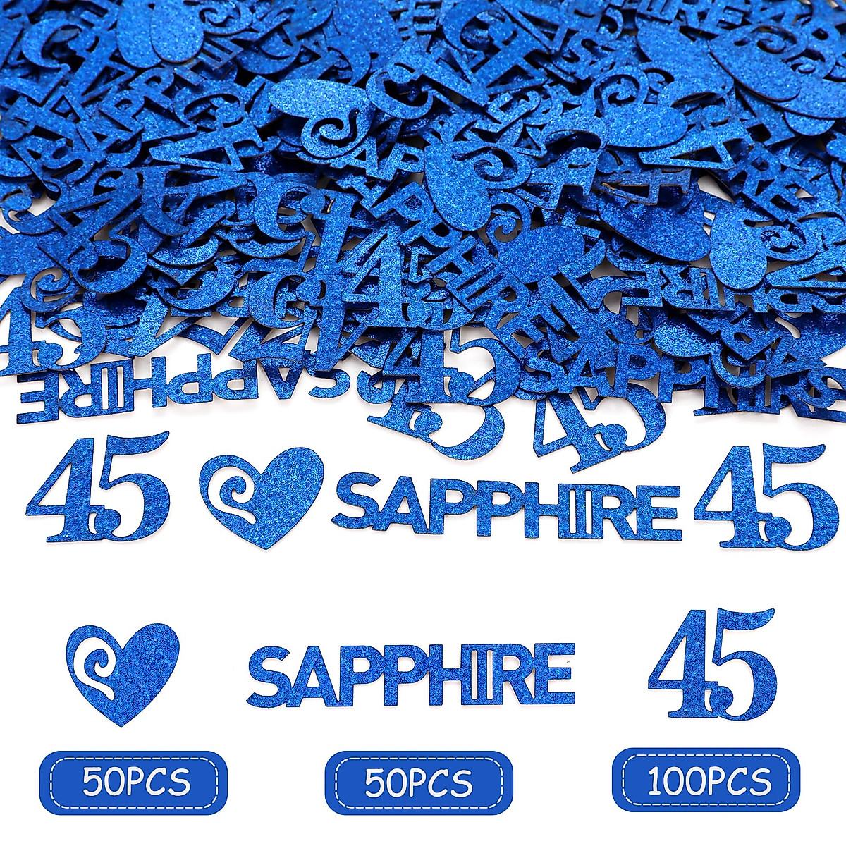 kreat4joy 45th Wedding Anniversary Decorations Confetti, Blue Happy 45 Sapphire Decorations, 200pcs Glitter Confetti Include Love Heart Confetti, Sapphire Confetti, 45 Confetti for Table Decor