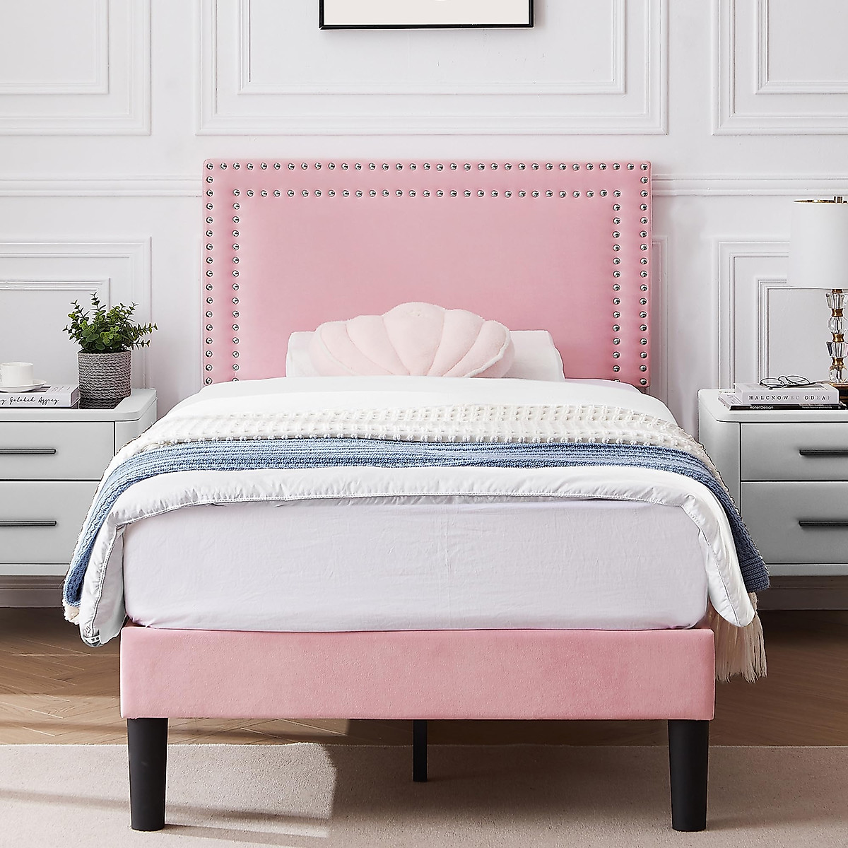 VECELO Twin Size Platform Bed Frame with Height Adjustable Upholstered Headboard, Modern Mattress Foundation,Strong Wood Slat Support, No Box Spring Needed, Easy Assembly