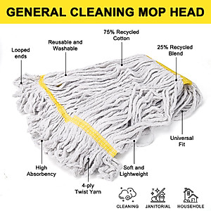 KeFanta 3 Pack Heavy Duty Commercial Mop Head Replacement,Looped End String Cotton Mop Heads,Industrial Wet Mop Refill for Floor Cleaning