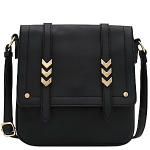 ALYSSA Double Compartment Large Flapover Crossbody Bag with Colorblock Straps (Black/Brown)