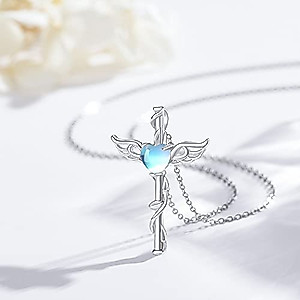 Midir&Etain Angel Necklace 925 Sterling Silver Moonstone Angel Wings Cross Pendant Necklace Hypoallergenic Moonstone Angel Cross Jewelry Gift for Women