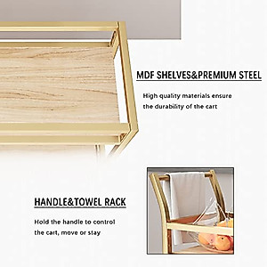 Furmax Home Industrial Serving Mobile Bar Cart on Wheels with Wine Rack and Glass Holder 2 Wood Storage Shelves for Living Room, Kitchen, Party (Gold)