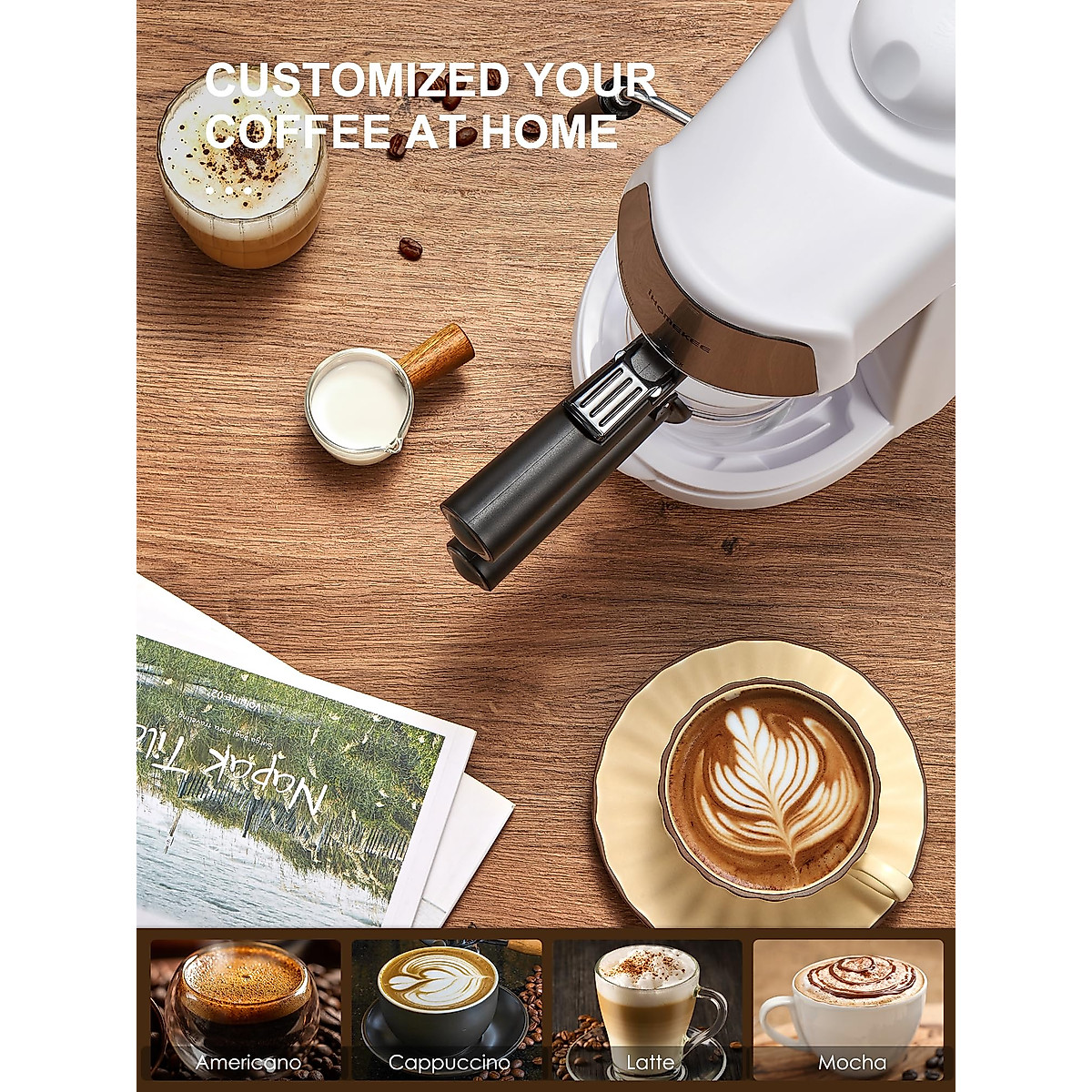 Ihomekee Espresso Machine, 3.5Bar Espresso and Cappuccino Machine with Preheating Function, 4 Cup Coffee Maker with Milk Frothing Function and Steam Wand (White), CM6810