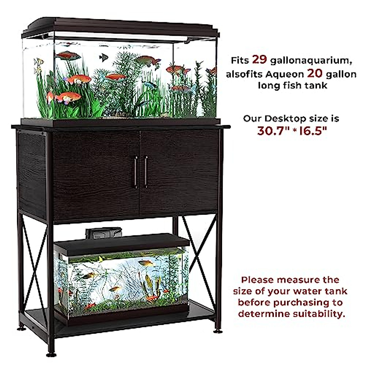 Herture 20-29 Gallon Aquarium Stand Metal Frame Fish Tank Stand with Cabinet Storage, for 20 Gallon Long Aquarium,30.7" L*16.5" W Tabletop,330LBS Capacity Black PG01YGB