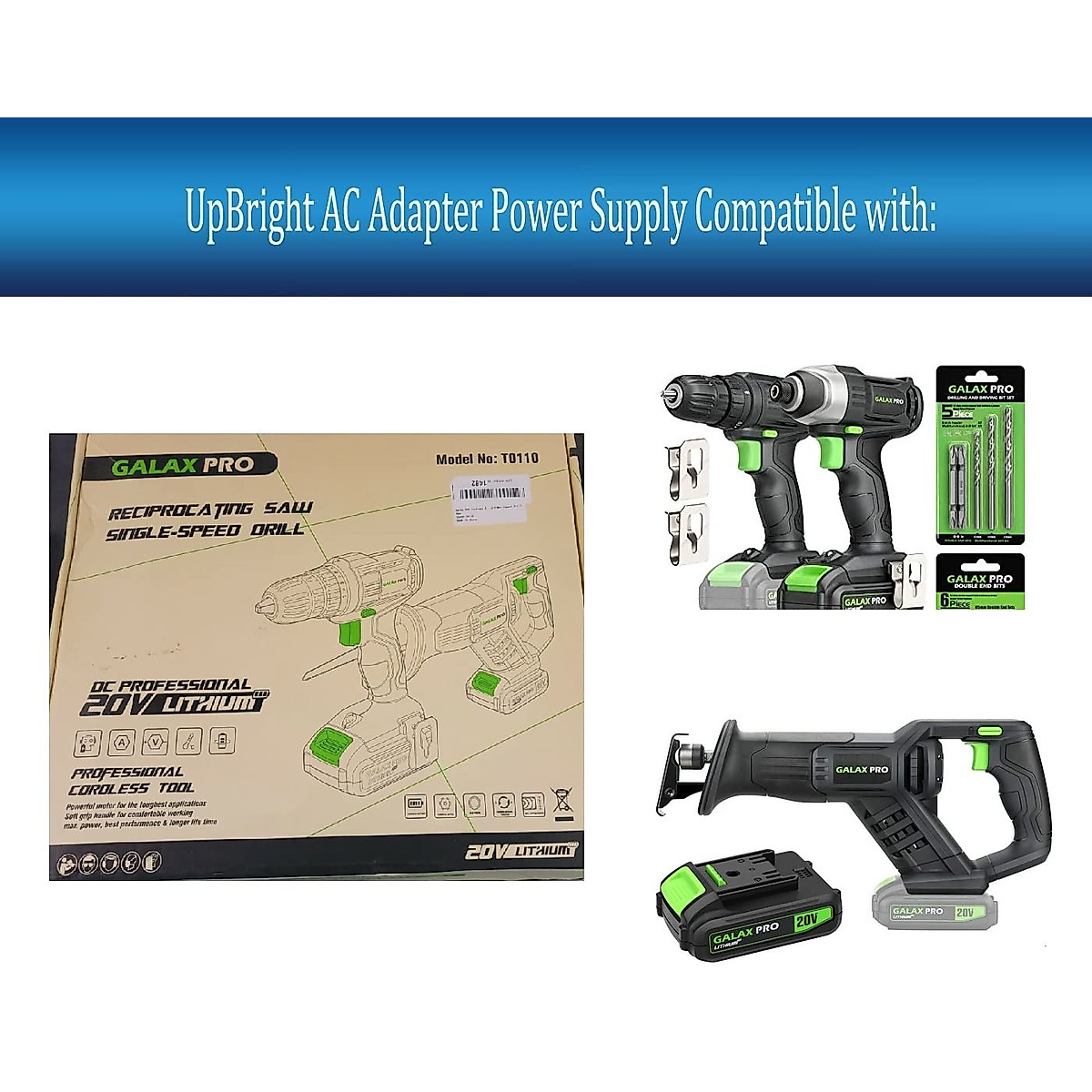 UpBright 20V AC/DC Adapter Compatible with Galax PRO T0110 T0111 T0112 T0107 T0106 T0108 T0102 Cordless Power Tools GP 91204 95604 96504 96505 95307 97630 97707 1.3Ah 20VDC Li-Ion Battery Charger PSU