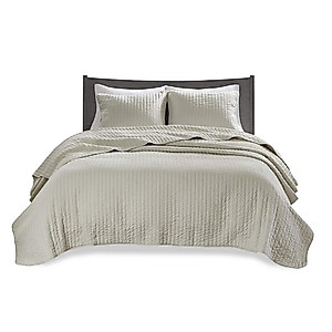 Madison Park Keaton Quilt Set-Casual Channel Stitching Design All Season, Lightweight Coverlet Bedspread Bedding, Shams, Full/Queen(90"x90"), Stripe Cream, 3 Piece