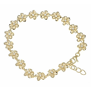 Arthur's Jewelry 925 Sterling silver yellow gold plated Hawaiian 10mm cz plumeria flower bracelet 7"
