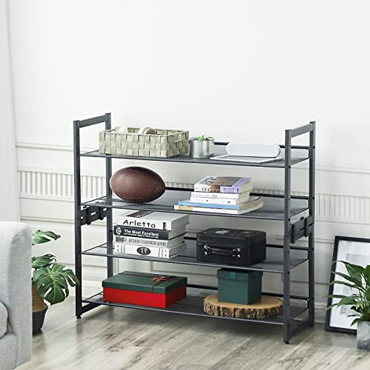 SONGMICS Shoe Rack, 2-Tier Stackable Shoe Storage Shelf, Flat or Angled Shoe Organizer, Metal Shoe Tower Stand for Closet Entryway, Grey 12.1 x 36.4 x 16.5 Inches