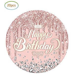 Pink Rose Goldr Birthday Party Supplies, Include 20 Plates and 20 Napkins, Pink Rose Goldr Theme Birthday Party Decorations for Kid Girls Women Glitter Diamond Party Supplies