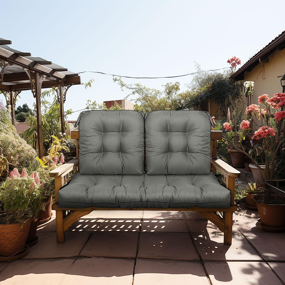 Outdoor Wicker Patio Furniture Cushions 3 Piece Set Tufted Waterproof Settee Cushion All-Weather Durable Fluffy Wicker Chair Pads Single Piping with Ties Garden Loveseat Chair Pillow (44x19x5, Gray)