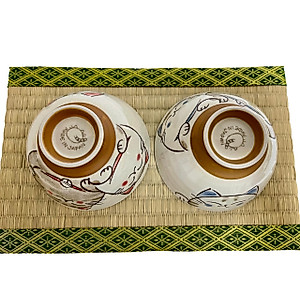 Japanese Rice Bowl Set Ceramic Blue and Pink Cute Smiling Cats Design Set of 2 Bowls Blue and Pink