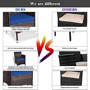 Tangkula Patio Furniture Set 3 Piece, Outdoor Wicker Rattan Conversation Set with Coffee Table, Chairs & Thick Cushions, Suitable for Patio Garden Lawn Backyard Pool (Navy)