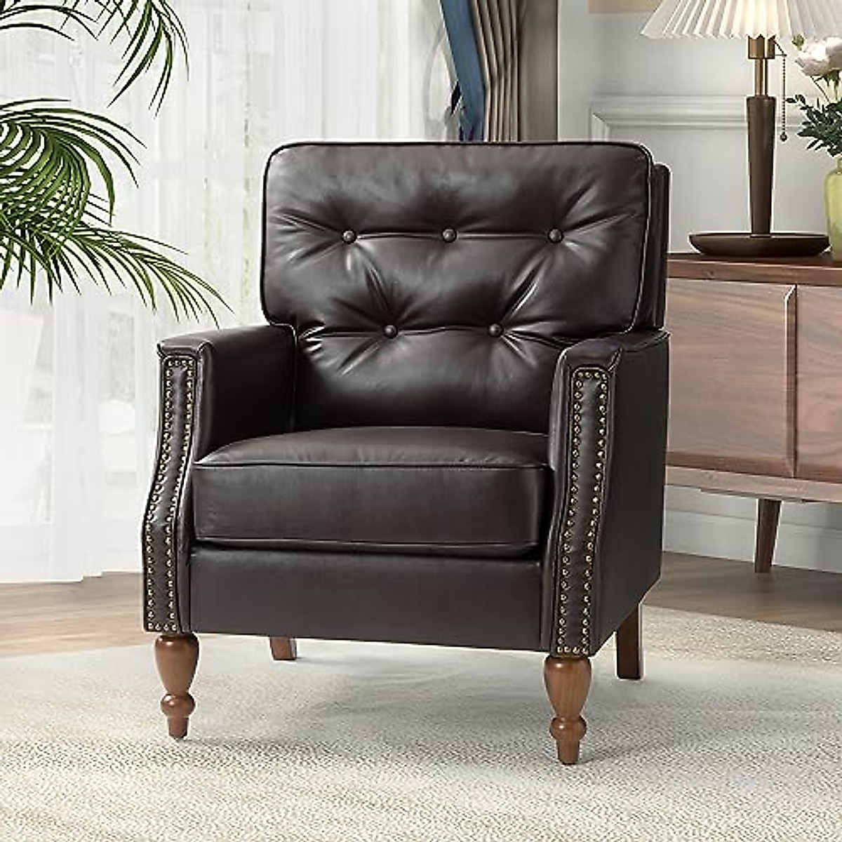 Leather Armchair Accent Chair with Nail Trim and Button Tufted Cozy Sofa Chair with Wood Legs, Tufted Club Chair for Living Room Bedroom Office (Brown)