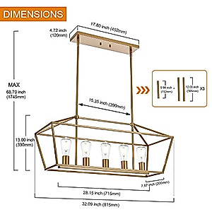 VINLUZ 5 Light Modern Kitchen Island Light in Gold Finish,Industrial Hanging Pendant Lighting Fixture with Metal Frame Linear Lantern Chandelier for Dining Room Foyer Cafe Bar