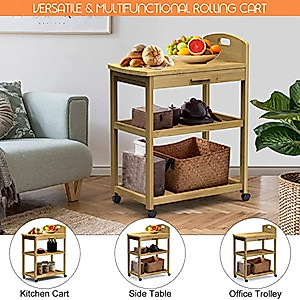 Purbambo Bamboo Kitchen Storage Cart, 3 Tier Rolling Cart, Mobile Utility Cart Trolley with Drawer and Lockable Casters for Home Kitchen