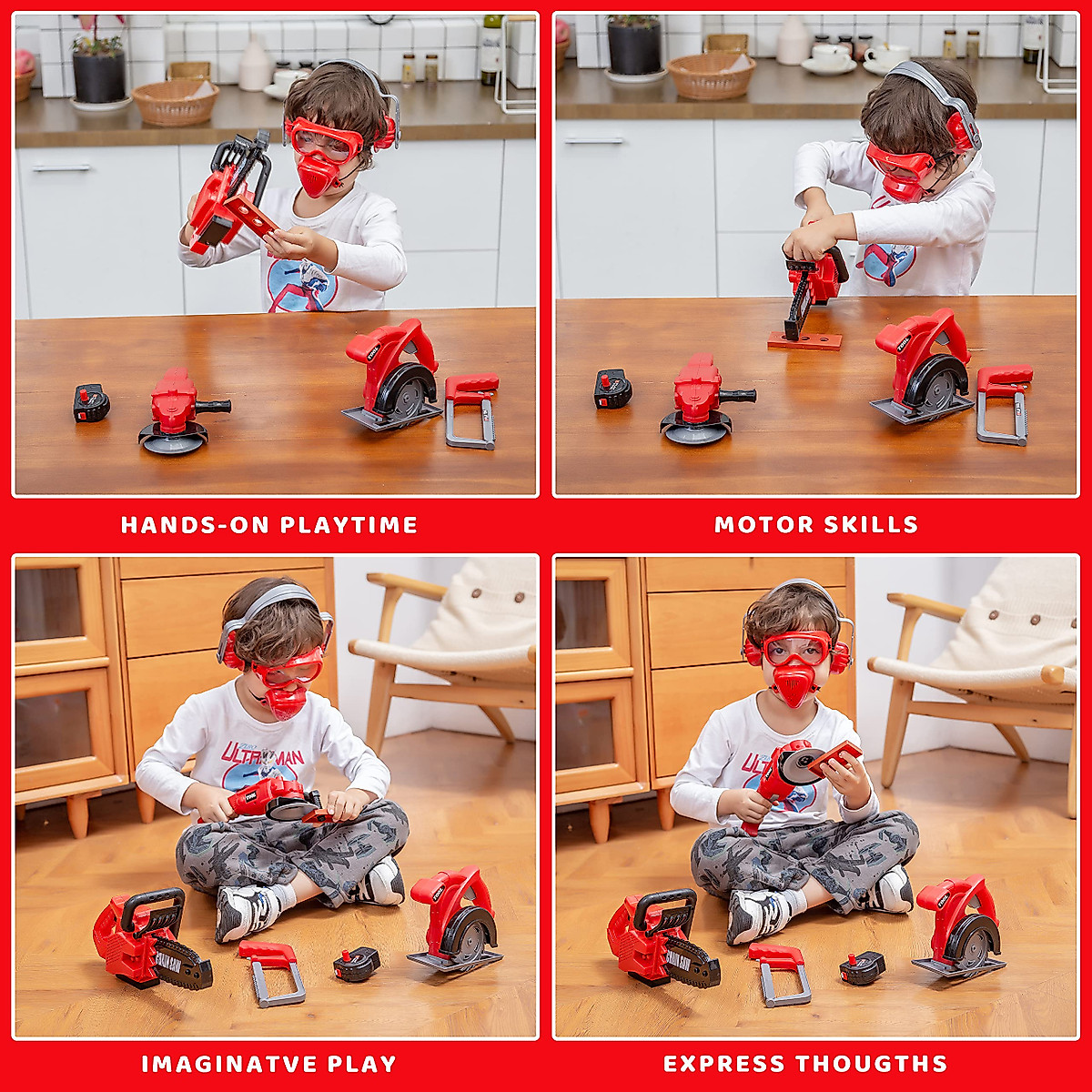 JOYIN 9Pcs Kids Tool Set, Pretend Play Toddler Tool Toys with Construction Worker Box & Electronic Drill Chainsaw Toy for Boy Girl Halloween Present Birthday Dress Up Party Favors