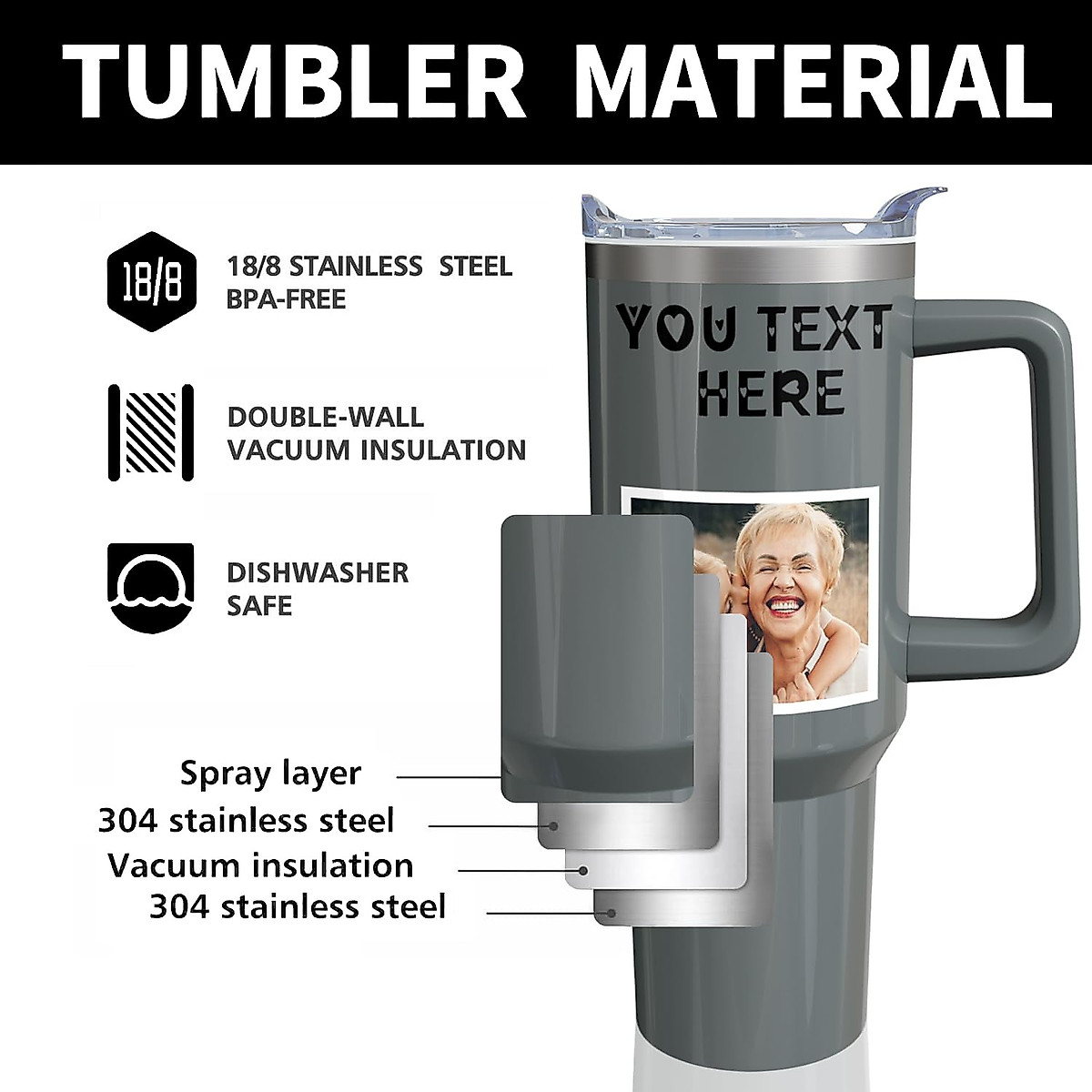 Personalized Gifts 40 Oz Tumbler with Handle and Straw, Custom Tumbler with Add Name, Photo, or Logo, Stainless Steel Double Walled Vacuum Insulated Cup, Customized Photo Gifts for Women Men