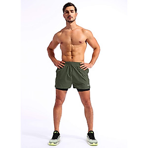 Pudolla Men’s 2 in 1 Running Shorts 5" Quick Dry Gym Athletic Workout Shorts for Men with Phone Pockets(Dark Green Medium)