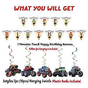 Monster Truck Birthday Party Supplies Pack Monster Truck Party Decorations including Triangle Monster Truck Happy Birthday Banner, 10pcs Monster Truck Hanging Swirls for Kid‘s Birthday