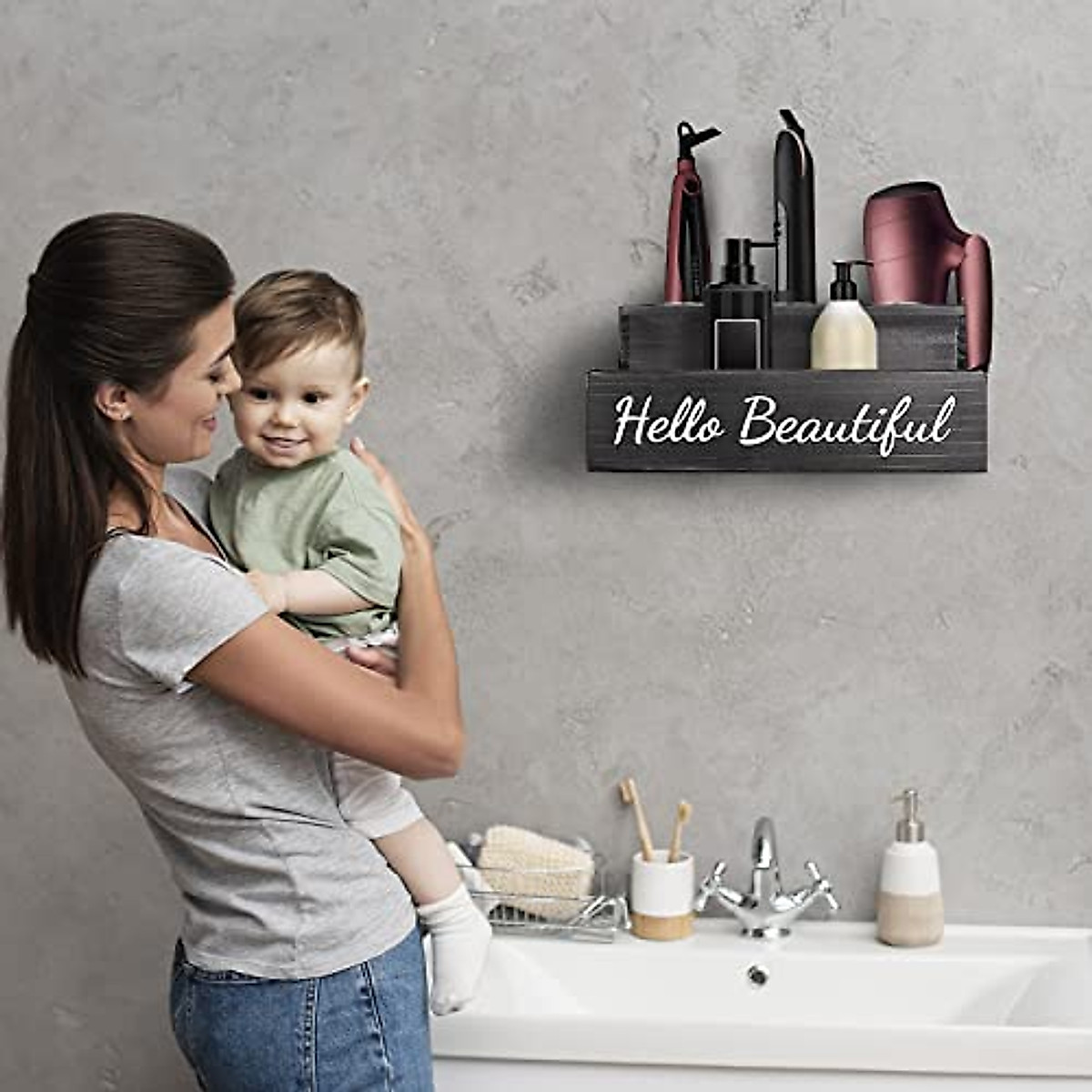 DB Rustic Black Hair Dryer Holder, Wooden Hair Tool Organizer, Bathroom Supplies Countertop Storage and Vanity Caddy for Blow Dryer Curling Iron Holder Hair Straightener Brush Hair Styling Accessories