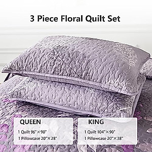 Purple Floral Quilt Set King Size, 3 Pieces Botancal Leaves Bedspread Coverlet Set with 2 Pillowcases for All Season, Soft Microfiber Floral Bedding Set 104"×90"