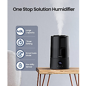Humidifiers for Bedroom, 4.0L Humidifiers for Home Large Room, Cool Mist Humidfiers for Baby and Plant, Smart Auto Humidification, Timer, Filter Free(Black)