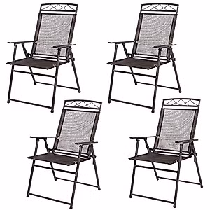 ARLIME 4-Pack Folding Steel Chairs, Patio Dining Chairs with Armrest and Footrest, Portable Outdoor and Indoor Sling Chairs, Camping Deck Garden Pool Backyard Chairs