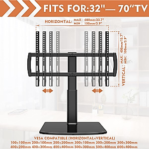 Universal Tabletop TV Stand with Wall Mount for 32 to 70 inch 4 Level Height Adjustable, Heavy Duty Tempered Glass Base, Holds up to 110lbs Screens, HT03B-002