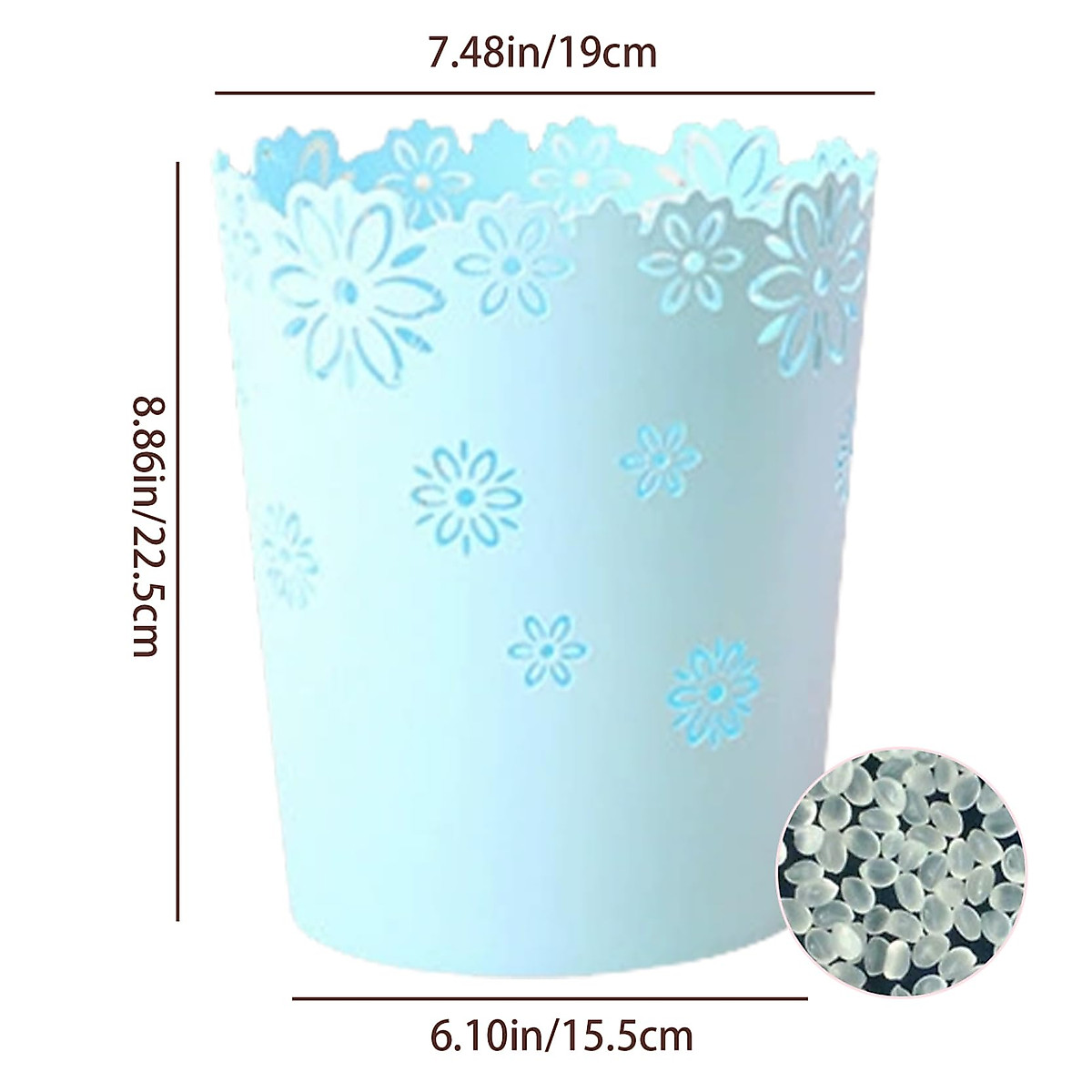 Eioflia Bins for Bedrooms, Waste Paper Bin, 7.5 Inch Plastic Hollow Waste Paper Basket, Flower Lace Round Waste Bin for Bedroom, Bathroom, Kitchen, and Office M Blue