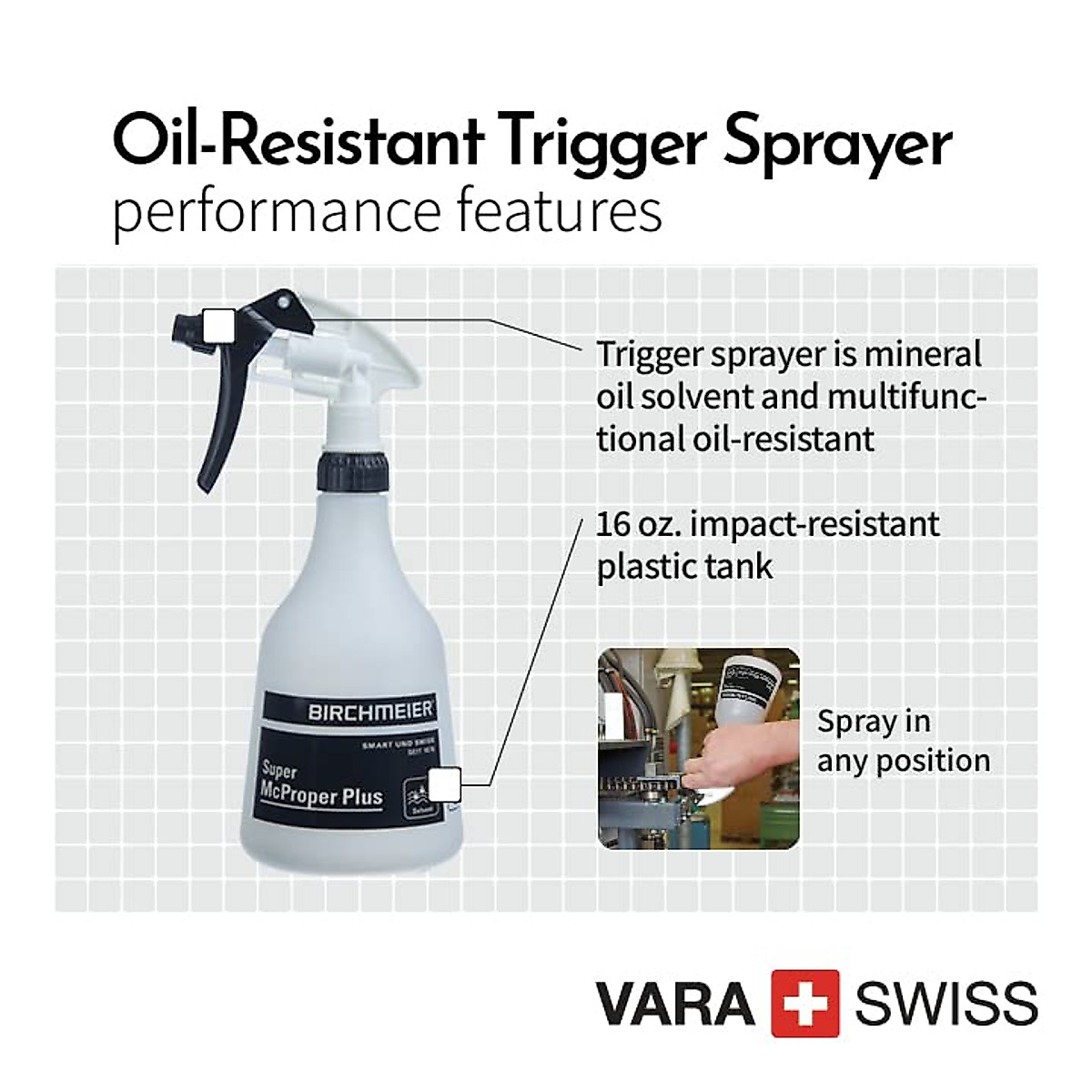Consolidated Plastics Super Plus Professional Chemical & Solvent Resistant Empty Spray Bottle (16oz) Swiss Made Cleaning Bottle with Durable & Powerful Trigger Pump, 360° Spray in Any Direction