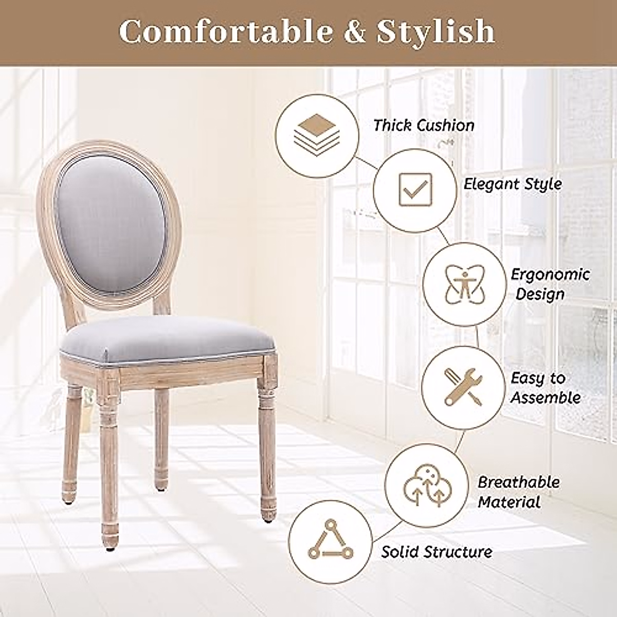 civama Dining Chairs Set of 4 French Vintage, Mid Century Upholstered Farmhouse Fabric Chair with Round Backrest and Solid Rubberwood Leg for Dining Room Bedroom Kitchen Restaurant, Light Grey