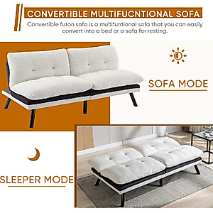 Futon Sofa Bed, Convertible Sleeper Couch Memory Foam Small Splitback Loveseat for Living Room, Upholstered Love Seat with Adjustable Backrest and 6 Metal Legs, Thicker Cushion Version (Creamy White)