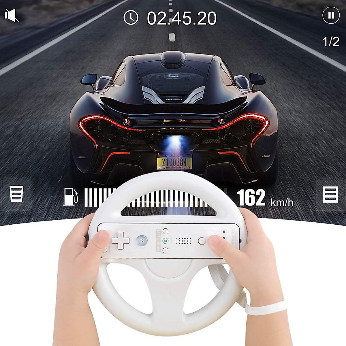 Steering Wheel for Wii Controller, 2 pcs White Racing Wheel Compatible with Mario Kart, GEEKLIN Game Controller wheel for Nintendo Wii Remote Game-White