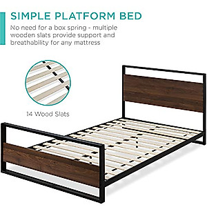Best Choice Products Metal Wood Platform Bed Frame, Queen Size Mattress Support w/Wood Slats, No Box Spring Needed, Low Profile Headboard, Footboard, 660lb Capacity - Black/Brown