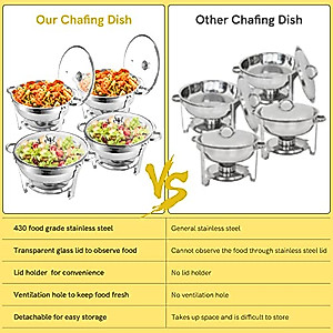 BriSunshine 6 Packs 5 QT Chafing Dish Buffet Set, Stainless Steel Round Chafer Sets with Glass Lid & Lid Holder, Food Warmer For Parties Weddings Catering