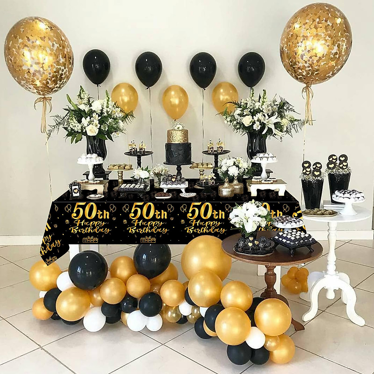 PHOGARY 50th Birthday Party Decorations Tablecloth, 3 Pack Happy Birthday Table Cover for Women Men, Bday Anniversary Theme Party Supplies Black and Gold Rectangular Tablecloths 54 × 108 in