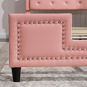 PUREMIND Twin Bed Frame for Kid, Girl Pink Children Platform Bed, Kid Bed Frame with Bear Shaped Headboard, Faux Leather Upholstered, Rivet Decoration, Wood Slats, No Box Spring Needed-Bear Twin